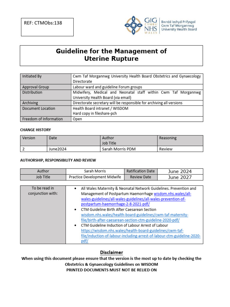 Uterine Rupture Management Guideline 2023 (002) 1 | PDF | Childbirth ...