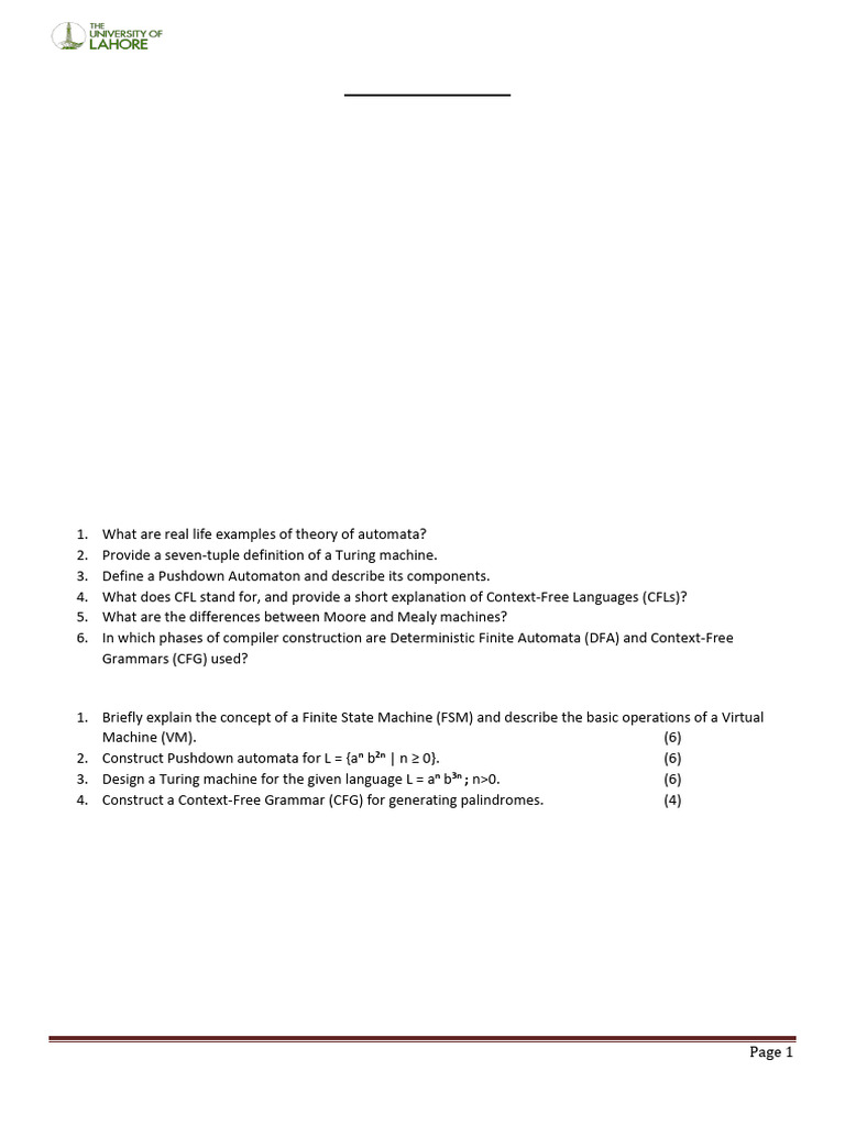 Final Theory of Automata CS09305 | PDF | Automata Theory | Formalism (Deductive)