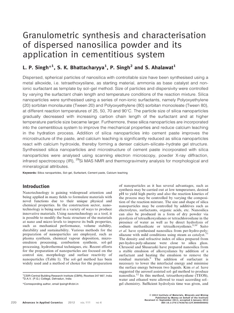 Advances in Applied Ceramics Granulometric synthesis and characterisation | PDF | Nanoparticle ...