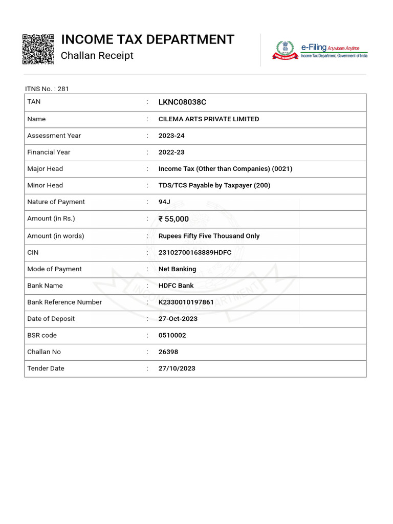 23102700163889HDFC ChallanReceipt | PDF | Taxes | Taxation