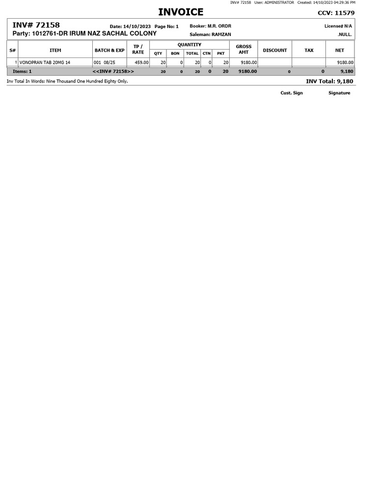 Invoice #72158 for VONOPRAN TAB 20MG | PDF
