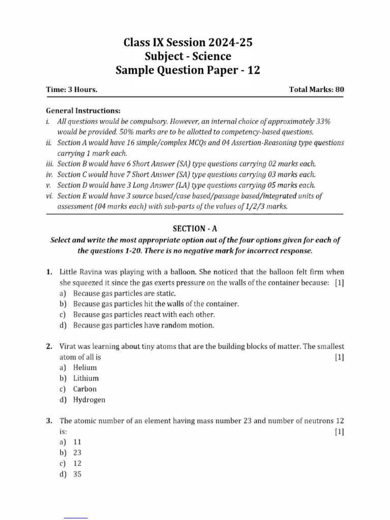 Class IX Science Sample Paper | PDF