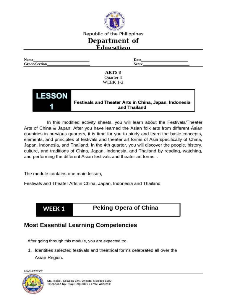 Activity ARTS 8 quarter 4 WEEK 1-2 | PDF | Performing Arts | Theatre