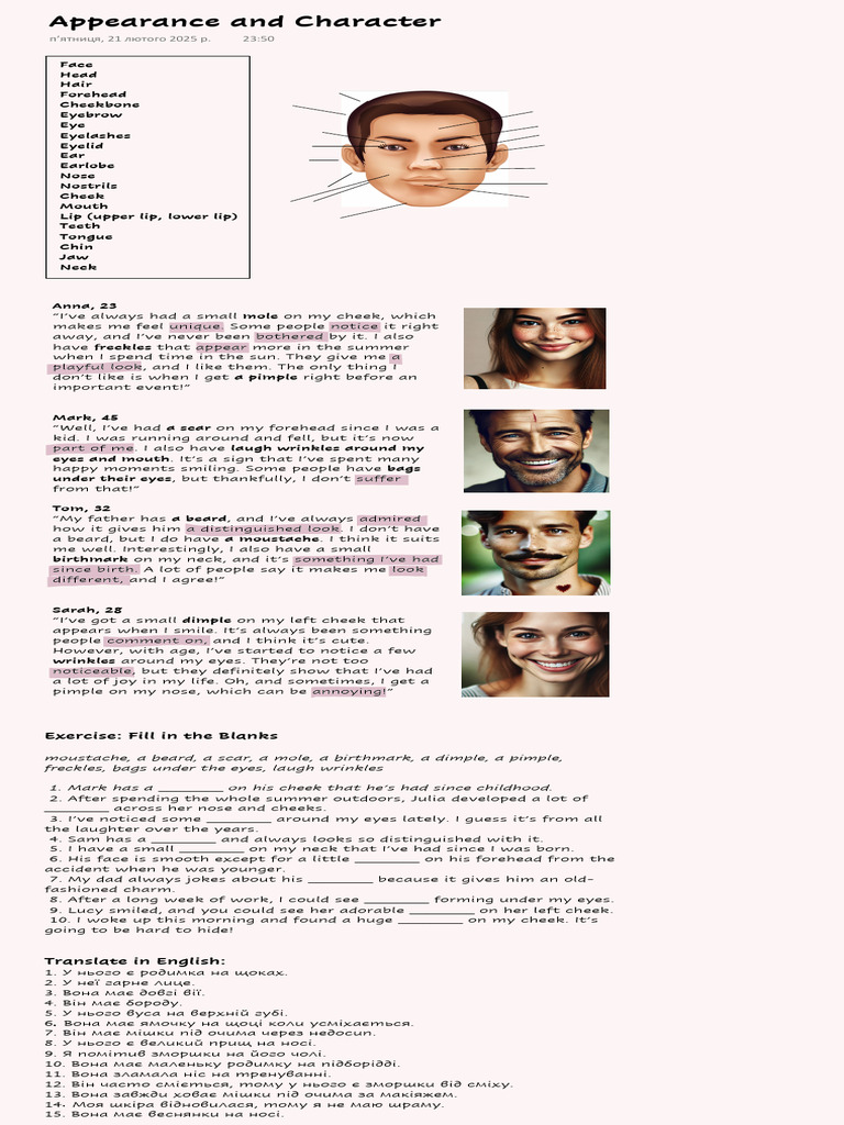Facial Features and Personal Stories | PDF | Mouth | Face