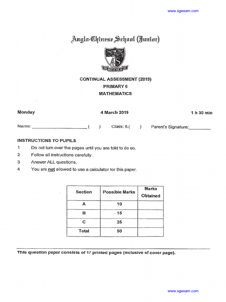 2019 P6 Maths CA1 ACS | PDF