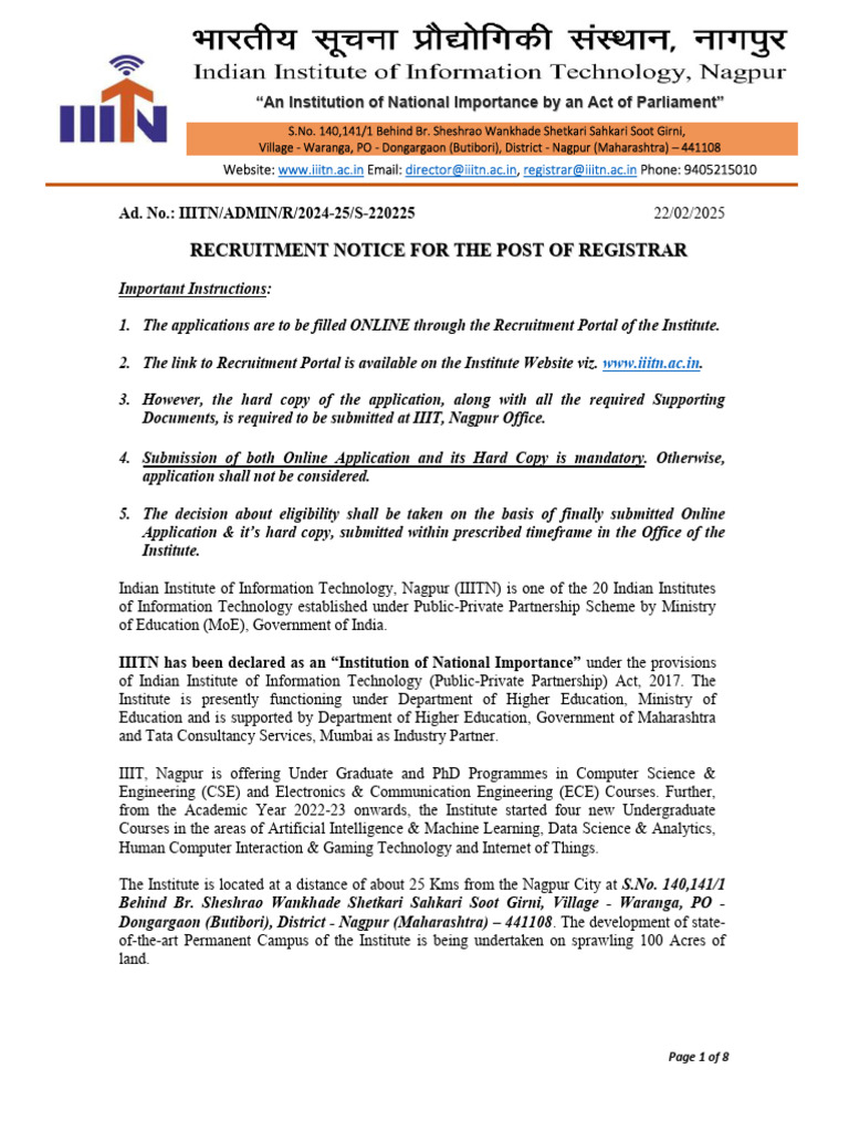 IIIT Nagpur Registrar Recruitment Notice | PDF
