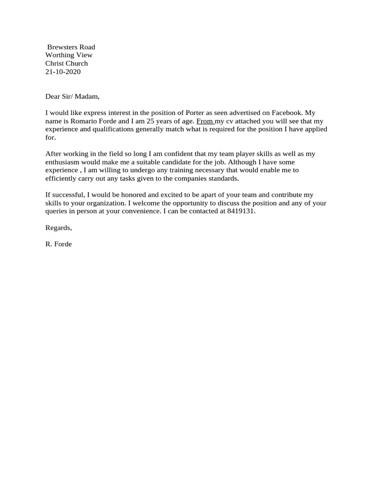 Porter Job Application by R. Forde | PDF