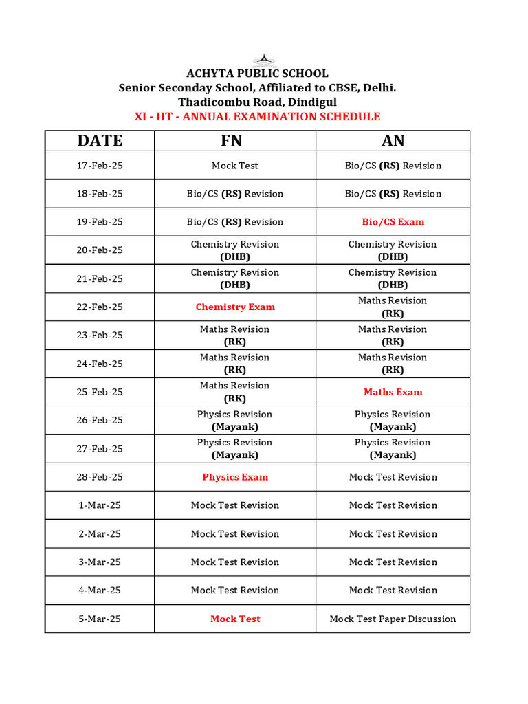 XI - IIT - ANNUAL TIME TABLE | PDF