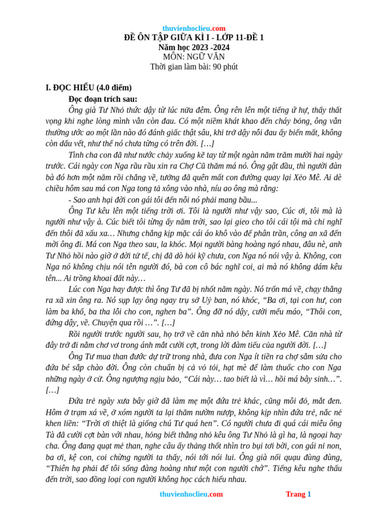 Bo de On Tap Giua HK1 Ngu Van 11 Nam 23 24 | PDF