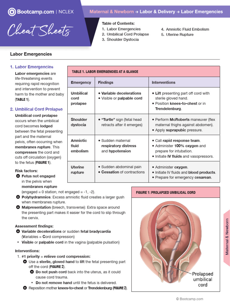Labor Emergencies Cheat Sheet | PDF | Childbirth | Caesarean Section