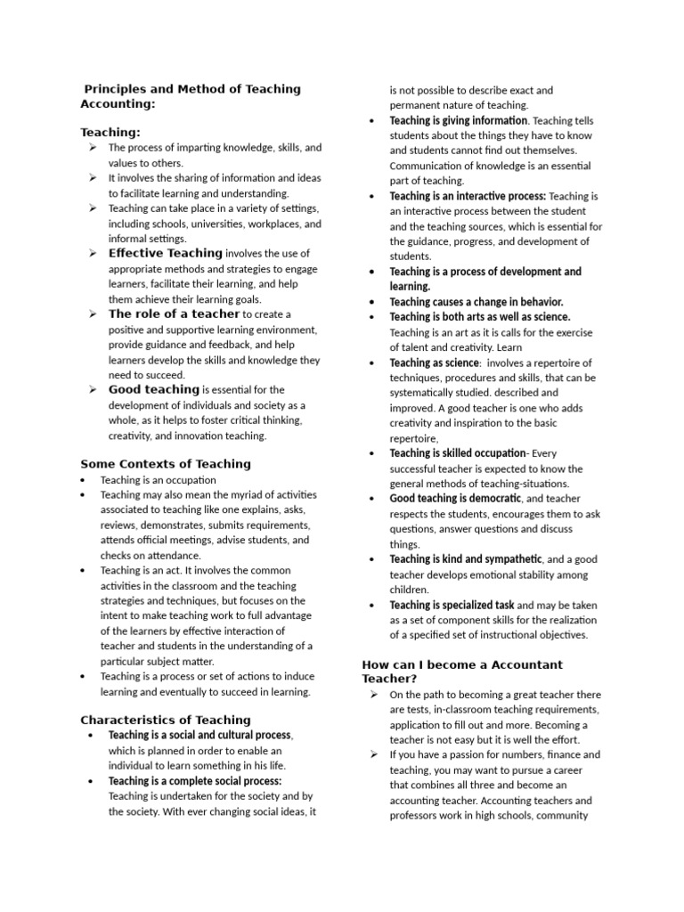 Principles and Method of Teaching Accounting Reviewer | PDF | Teachers | Learning