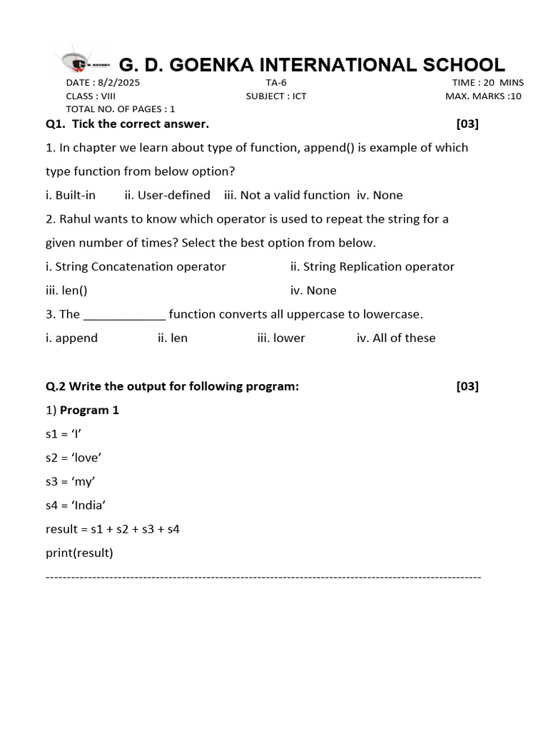 CLASS 8 ICT TEST CH-9 String and Functions in Python 8-2-2025 | PDF