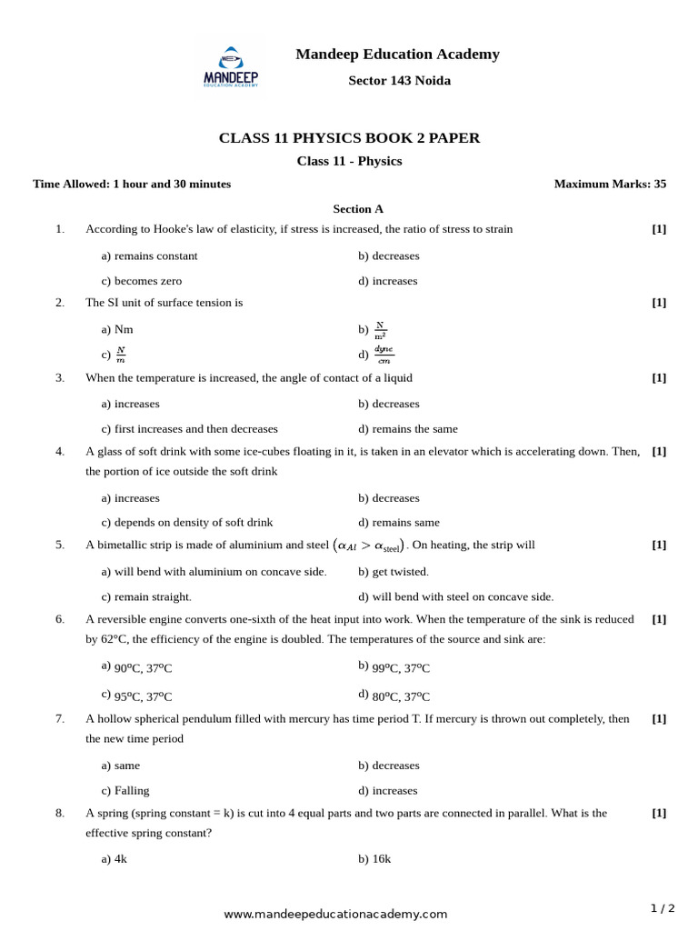 Physics Class 11 Book 2 Practice Paper | PDF | Waves | Thermal Expansion