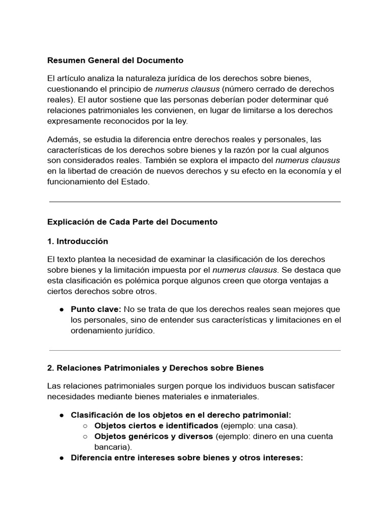 Civil Resumen Lectura-Numerus Clausus | PDF | Bienes | Propiedad