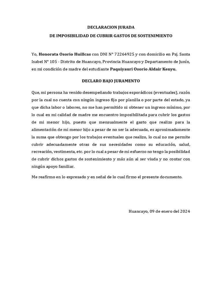 Declaracion Jurada de Imposibilidad | PDF