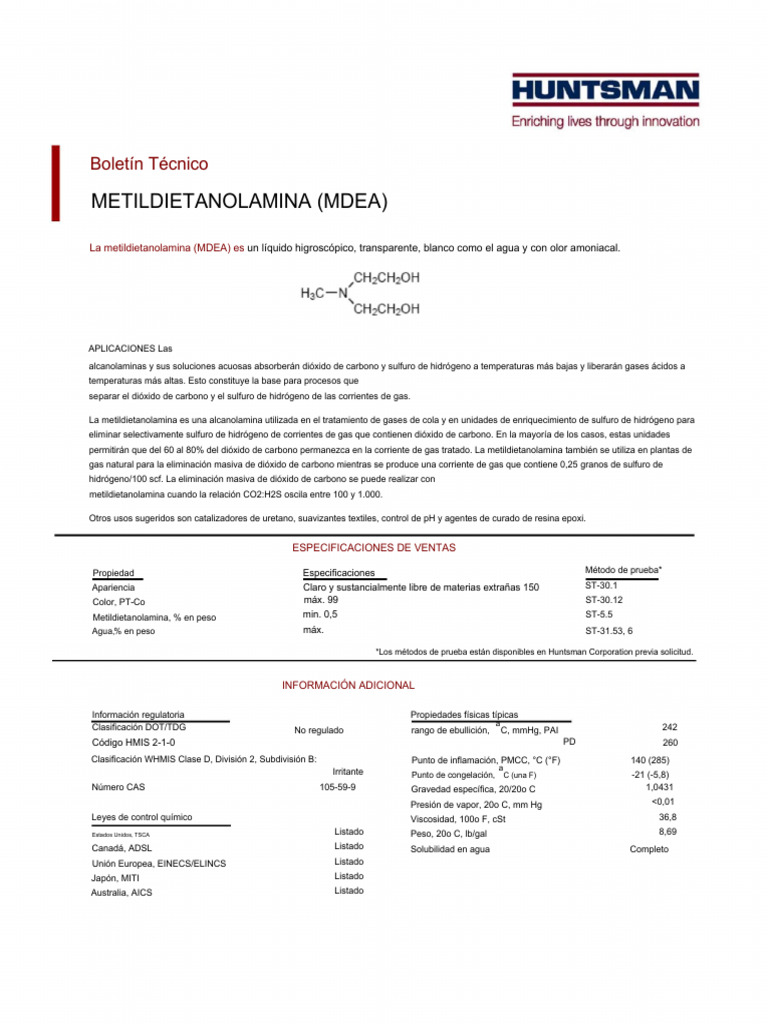 MDEA - Data Sheet ESPAÑOL | PDF | Dióxido de carbono | Agua