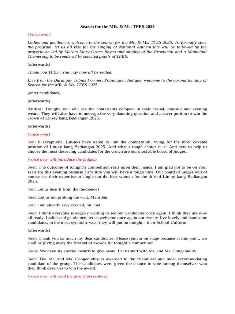 Emcee Script For Pageant | PDF