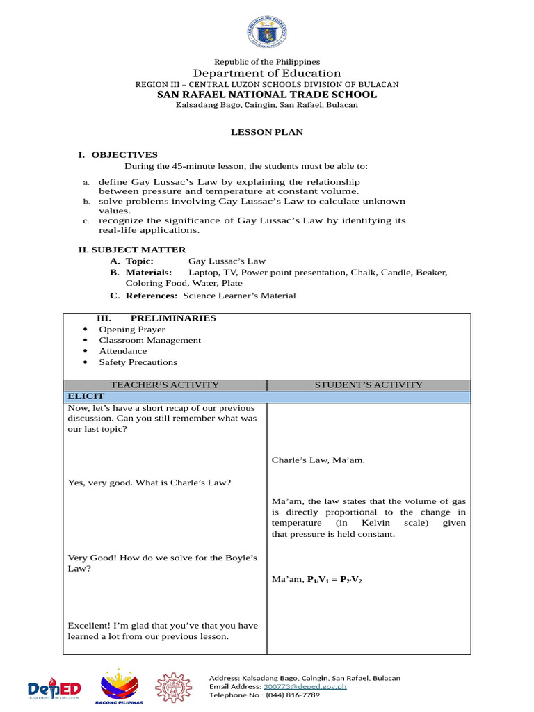 LESSON PLAN - Gay Lussacs Law | PDF | Gases | Pressure