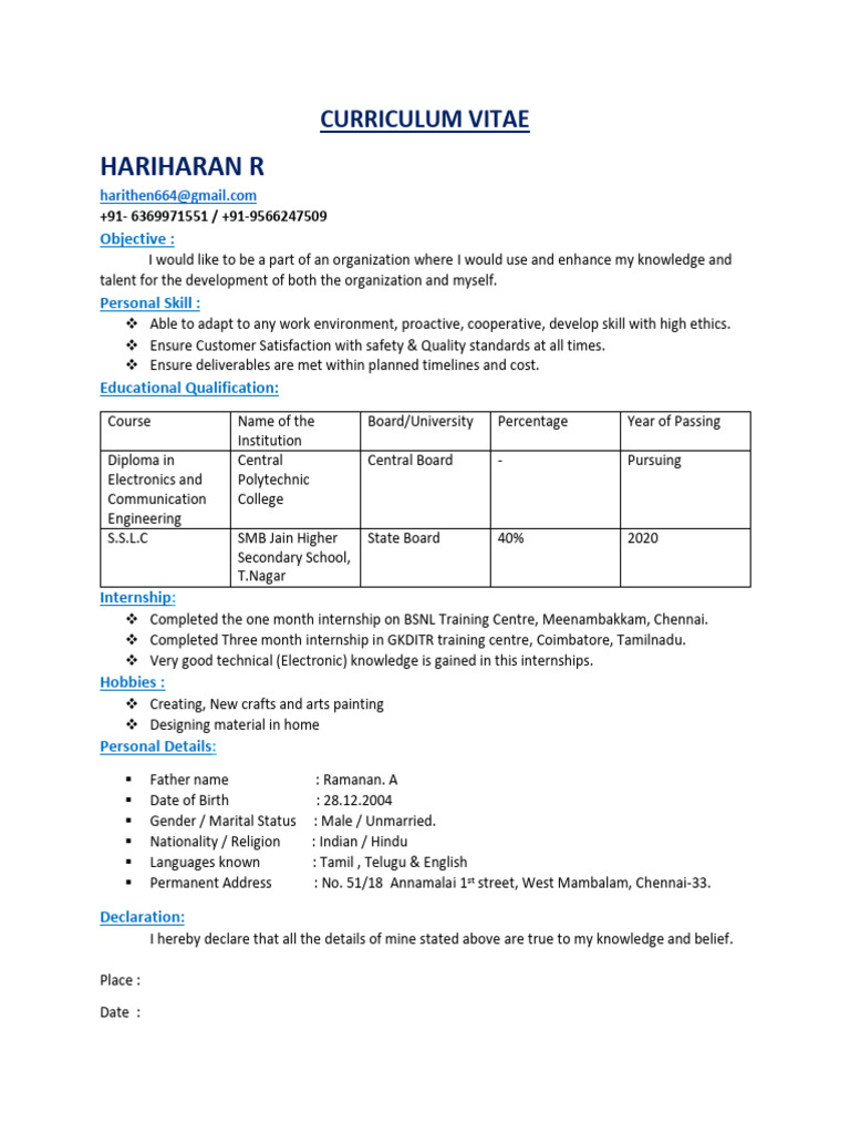Hariharan R's Internship CV | PDF