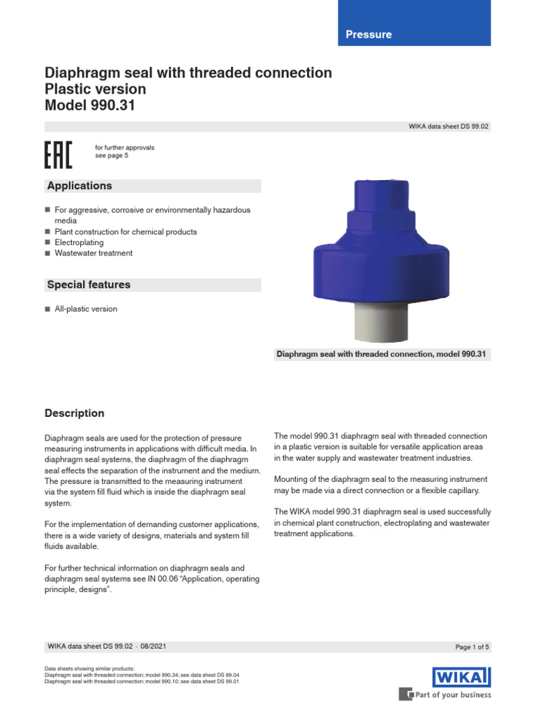 Wika - Chemical Seal - ds_ds9902_en_co | PDF | Pipe (Fluid Conveyance ...