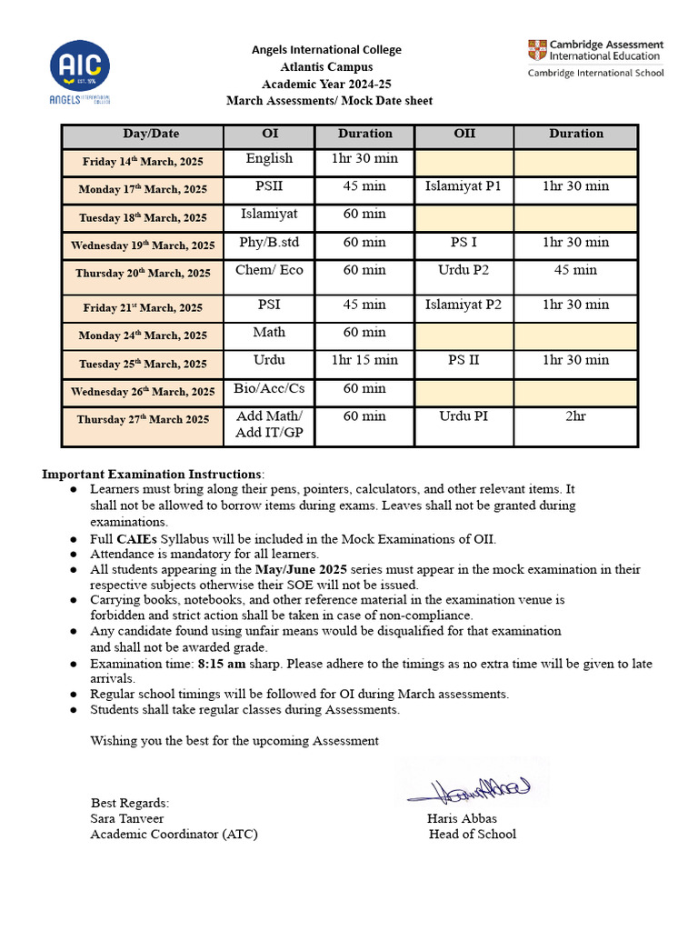 OI, OII March Assessment_ Mockdatesheet | PDF | Educational Stages ...