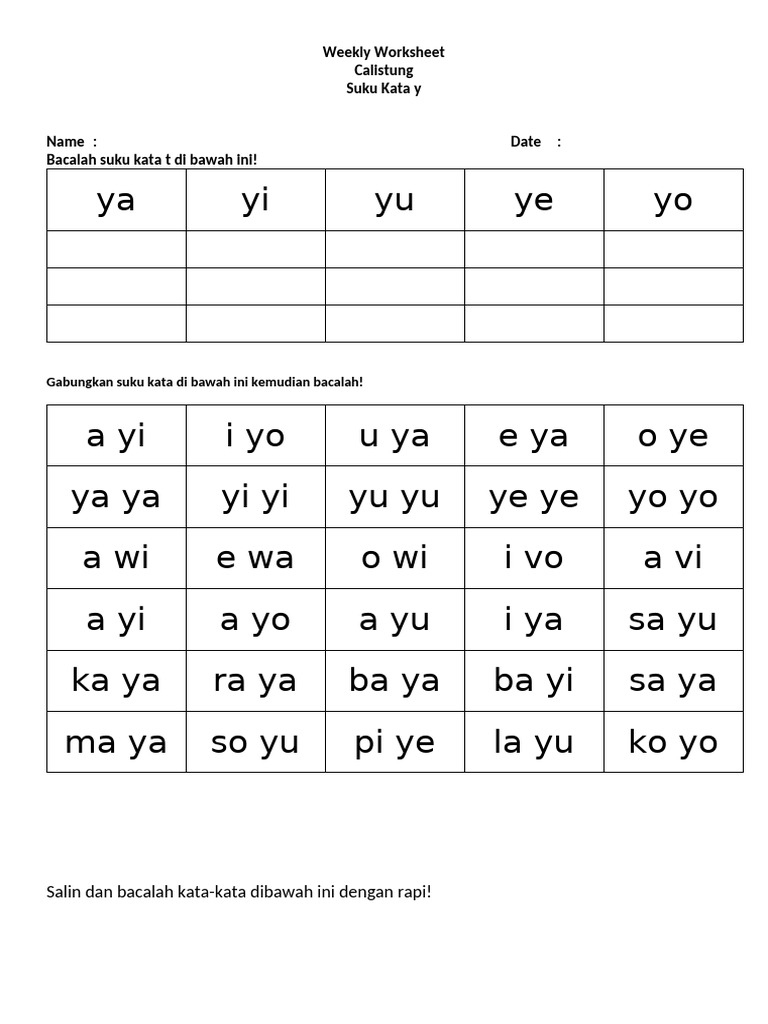 Ya Yi Yu Ye Yo: Weekly Worksheet Calistung Suku Kata y | PDF