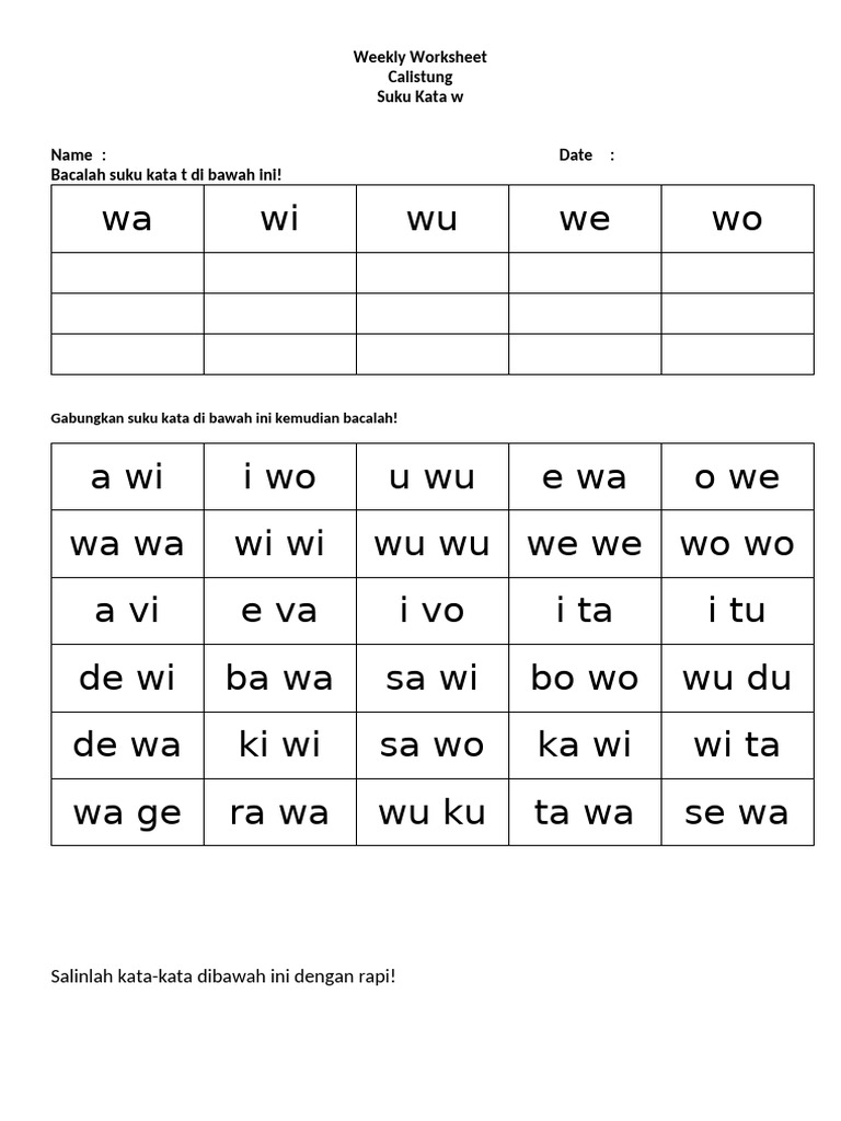 Wa Wi Wu We Wo: Weekly Worksheet Calistung Suku Kata W | PDF