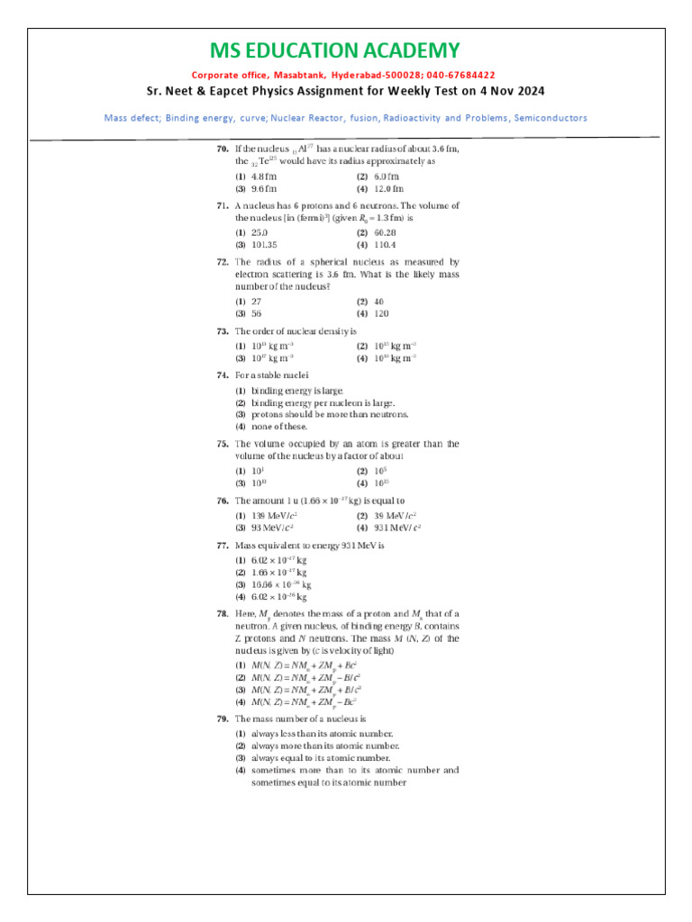 Sr. Neet & Eapcet Physics Assignment (4 Nov 2024) IOE, SRC | PDF