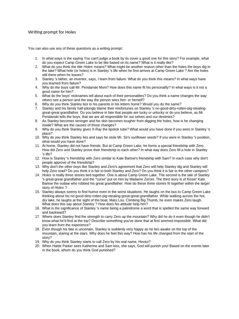 Holes by Louis Sachar Writing Prompts | PDF