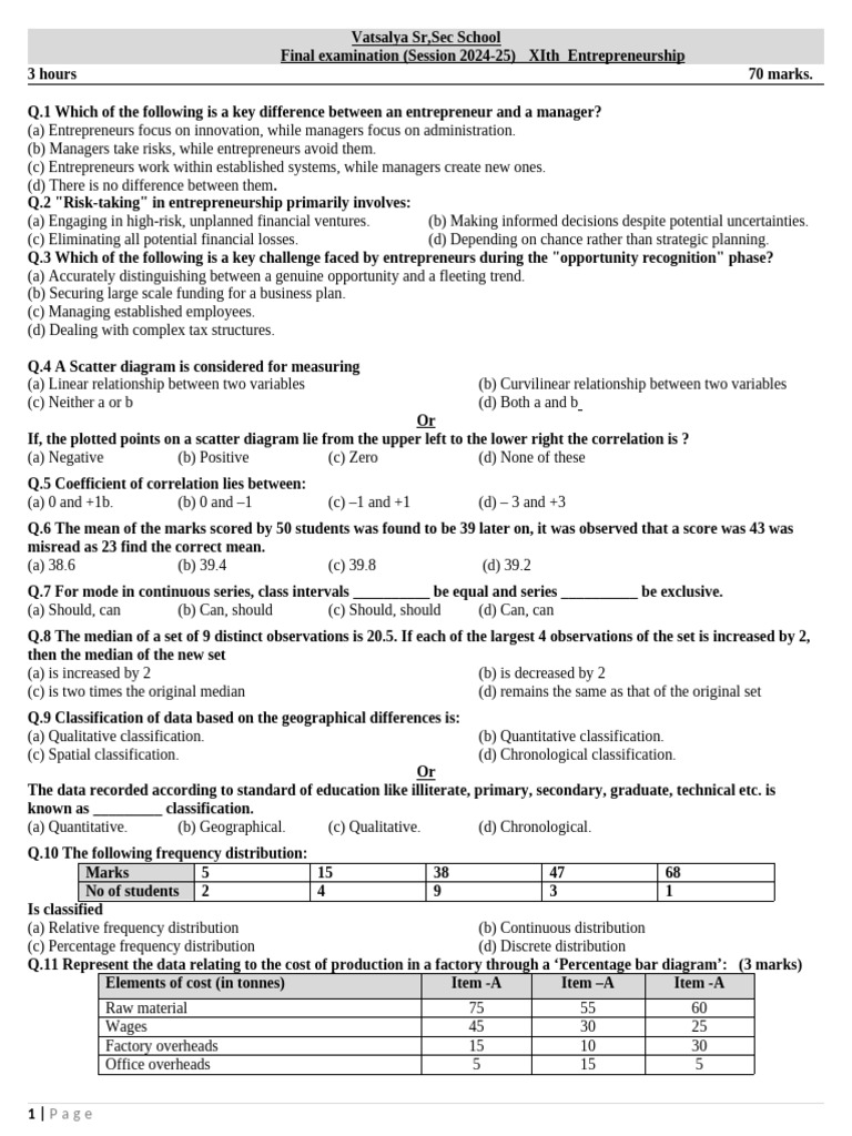 11th Economics VSS Final 2024-25 | PDF | Cost Of Living | Entrepreneurship