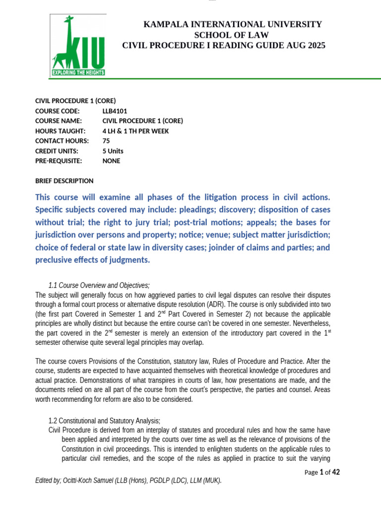 Kiu Civil Procedure 1 Course Outline (Reviewed) - 1 | PDF | Alternative ...