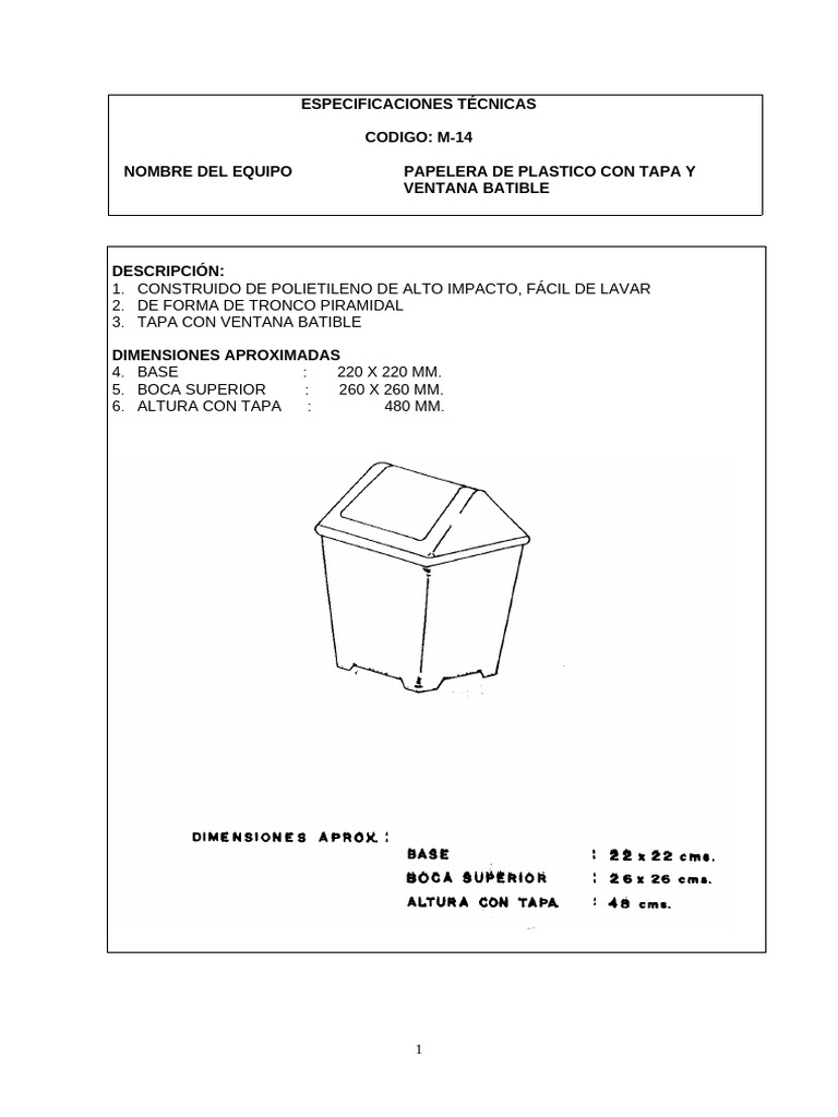 Papelera Plástica con Tapa Batible | PDF