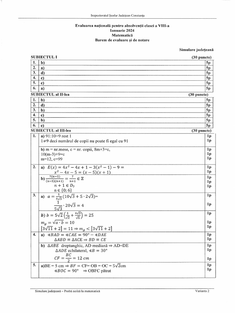 ISJ Constanta - Simulare en 2024 - Matematica - 19 Ianuarie 2024 - Barem - Varianta 2 | PDF