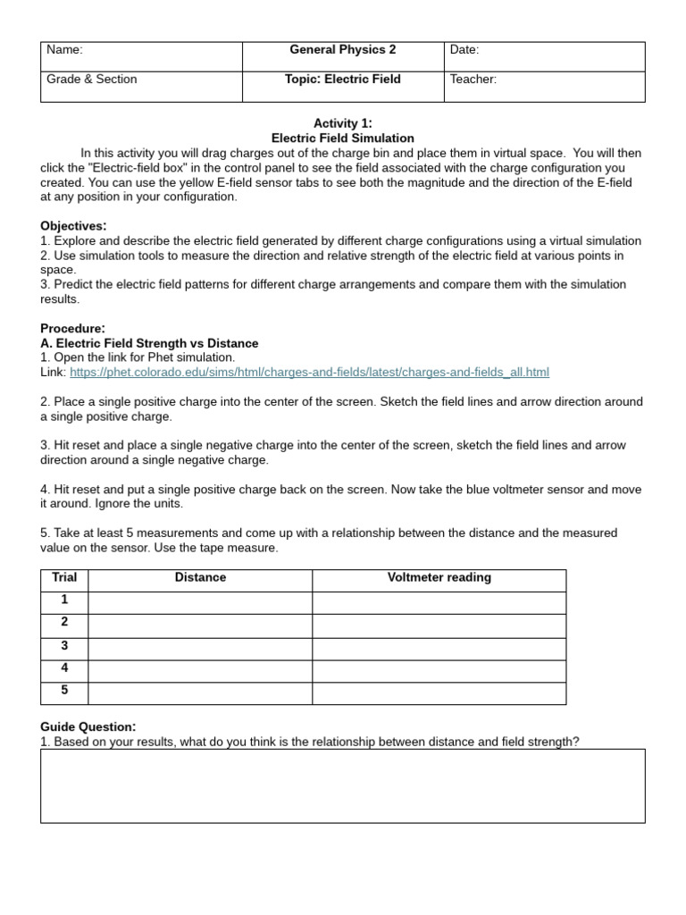 Electric Field Phet Simulation Activity | PDF | Electric Field | Force