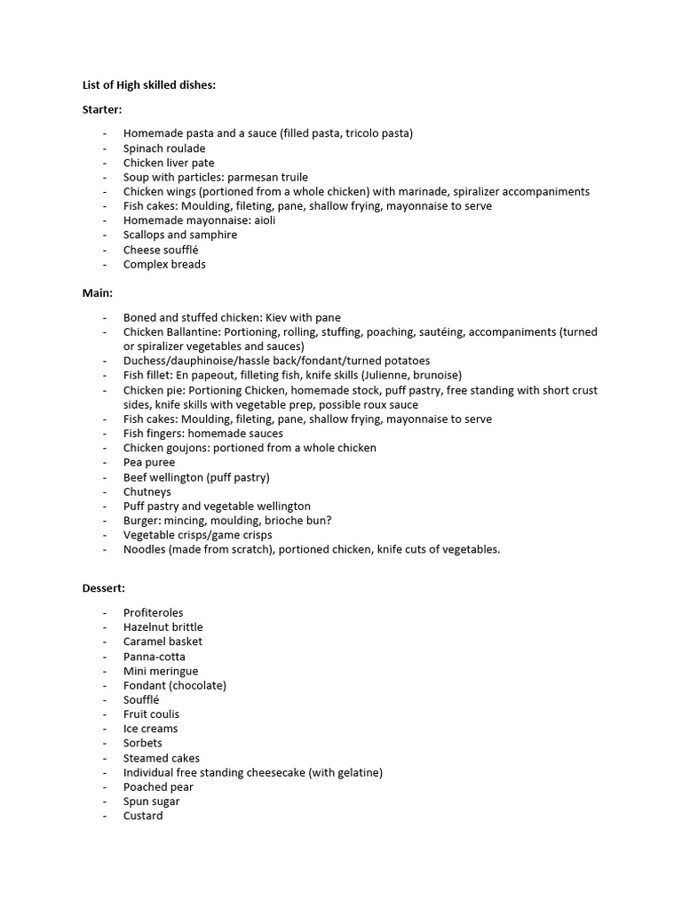 List of High Skilled Dishes | PDF