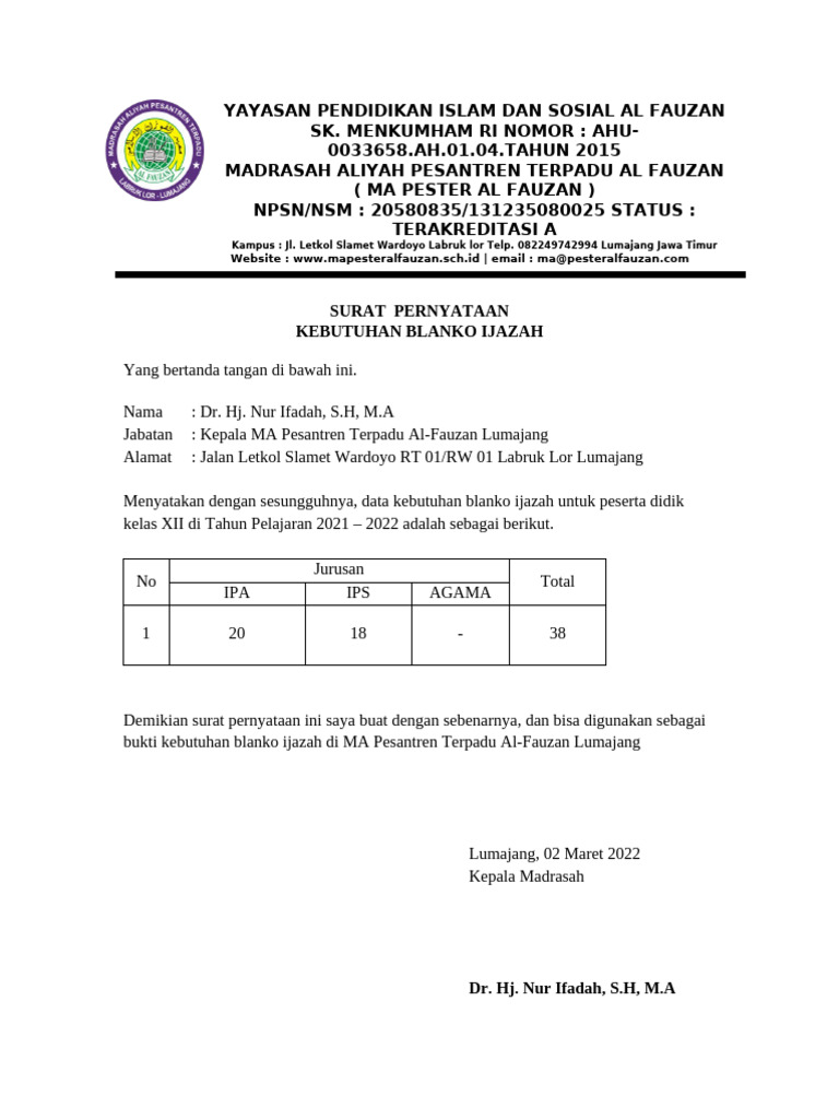 Surat Pernyataan Keb. Blanko Ijazah | PDF