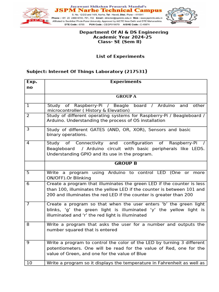 IoT List of Experiments | PDF | Light Emitting Diode | Arduino