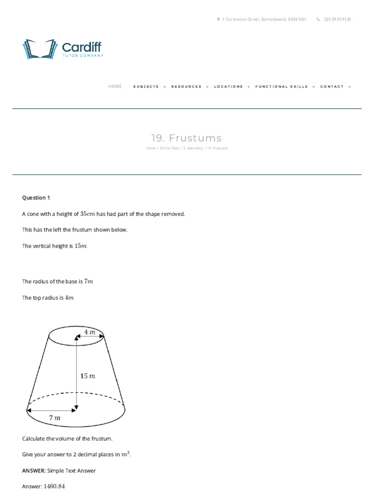 Frustums - Cardiff Tutor Company | PDF | Area | Volume