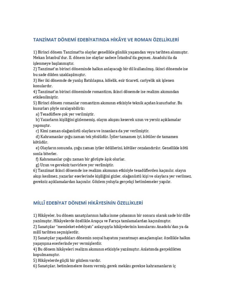 Tanzimat Milli Edebiyat Ozellikleri | PDF