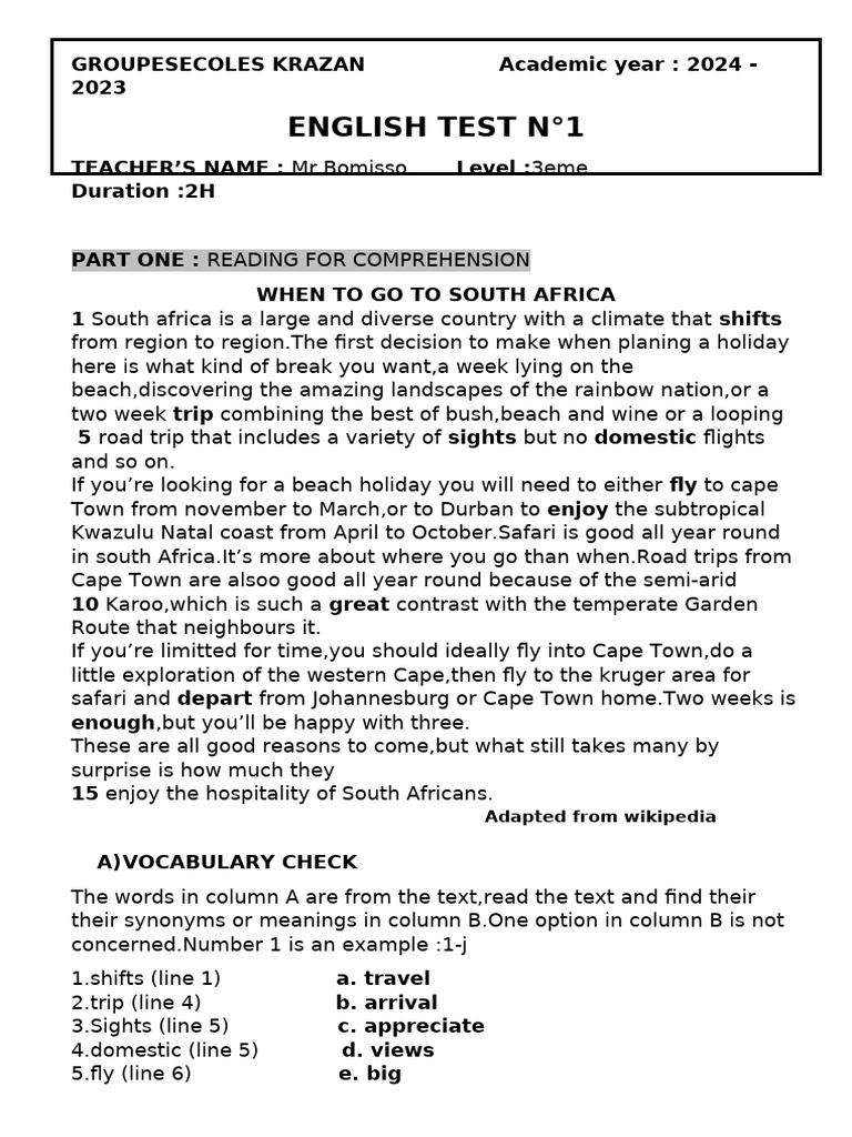 ENGLISH TEST 3EME | PDF | South Africa | Cape Town