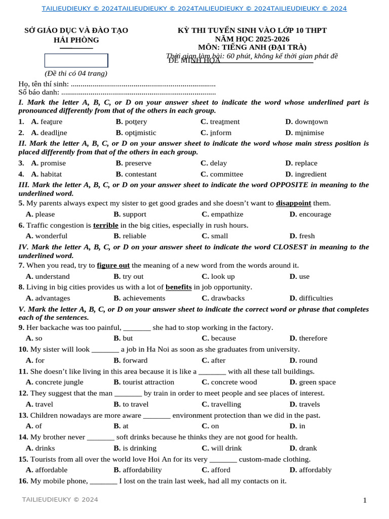 De Minh Hoa Tieng Anh Vao Lop 10 Hai Phong 2025 2026 Co Dap An | PDF