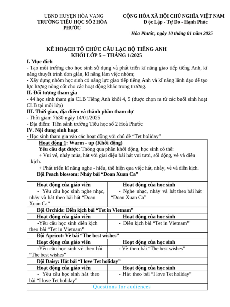 KẾ HOẠCH CLB TIENG ANH HP2 | PDF