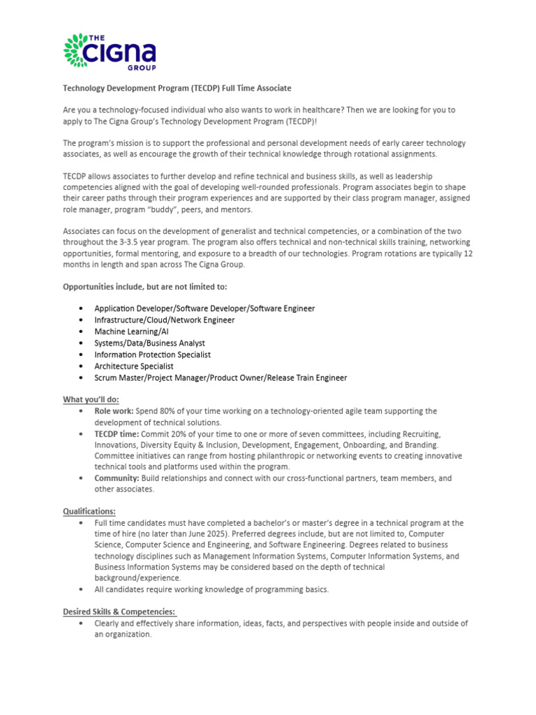 The Cigna Group Technology Development Program (TECDP) Full Time Associate 2024-2025 | PDF ...