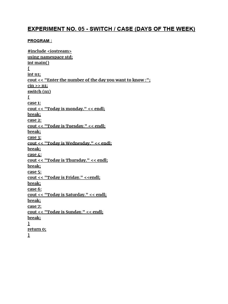 Exp No 5 (Switch Case - Days of The Week) | PDF