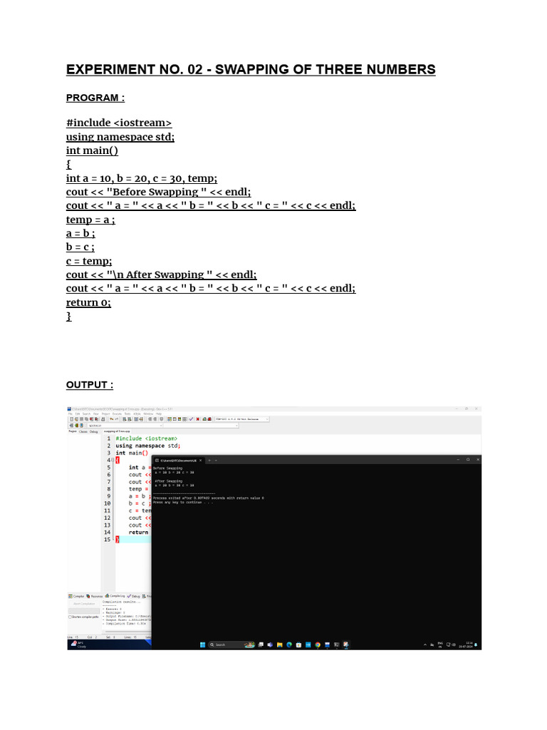 Exp No 2 (Swapping of Three Numbers) | PDF