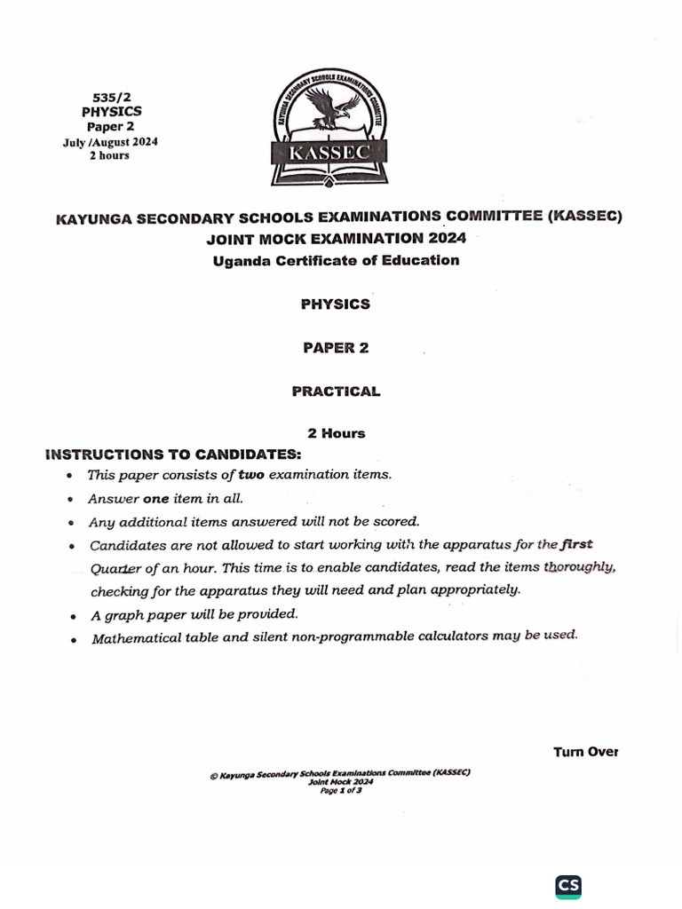 Kassec Physics Paper 2 Practical Uce 2024 | PDF