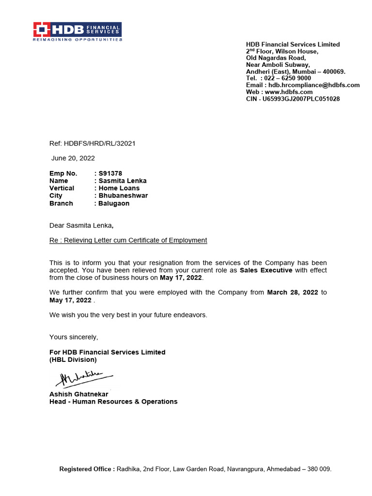 HDB Relieving Letter for Sasmita Lenka | PDF