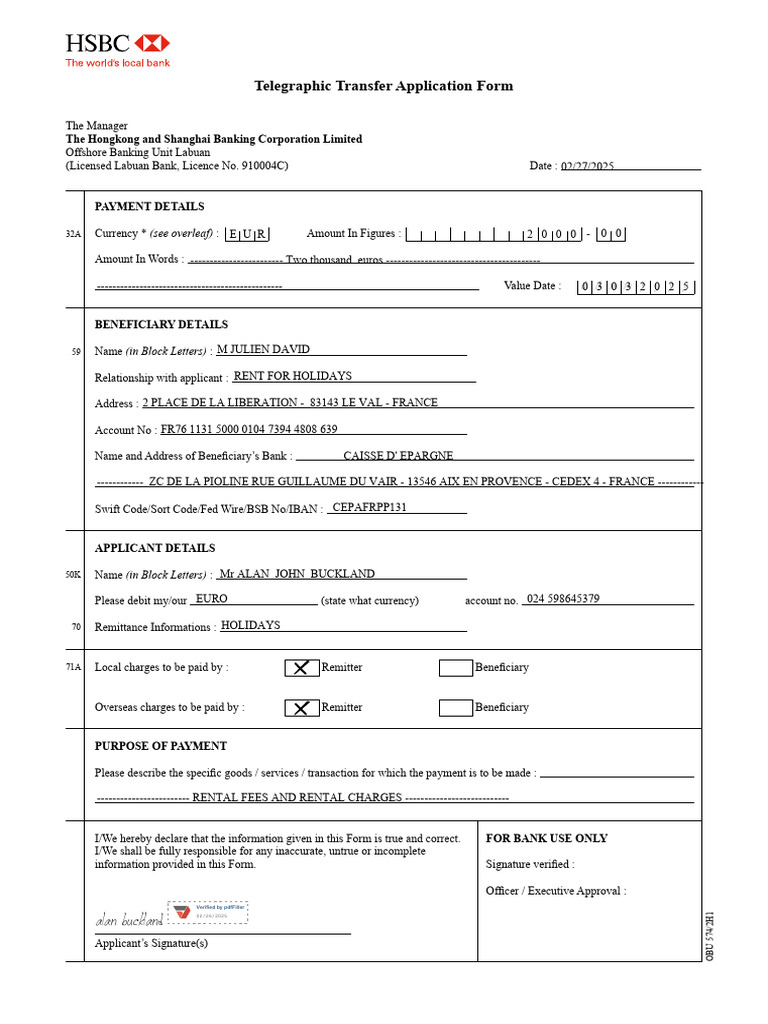 Transfert Bank HSBC For Holidays | PDF | Banking | Payments