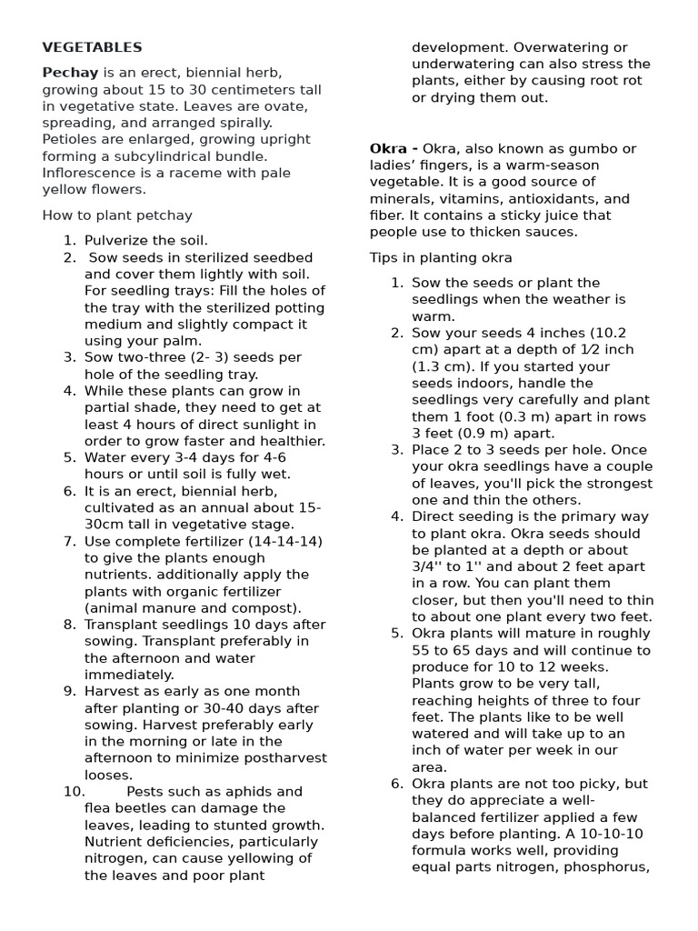 Planting Guide: Pechay and Okra | PDF | Agronomy | Botany