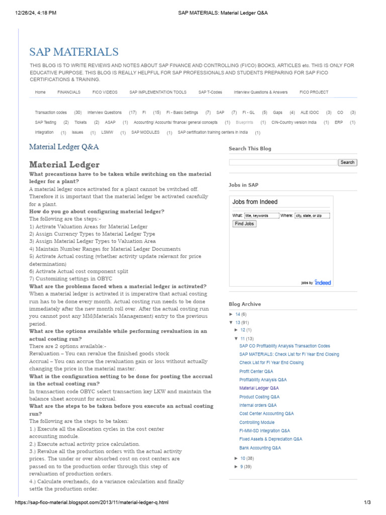 SAP MATERIALS - Material Ledger Q&A | PDF | Valuation (Finance ...